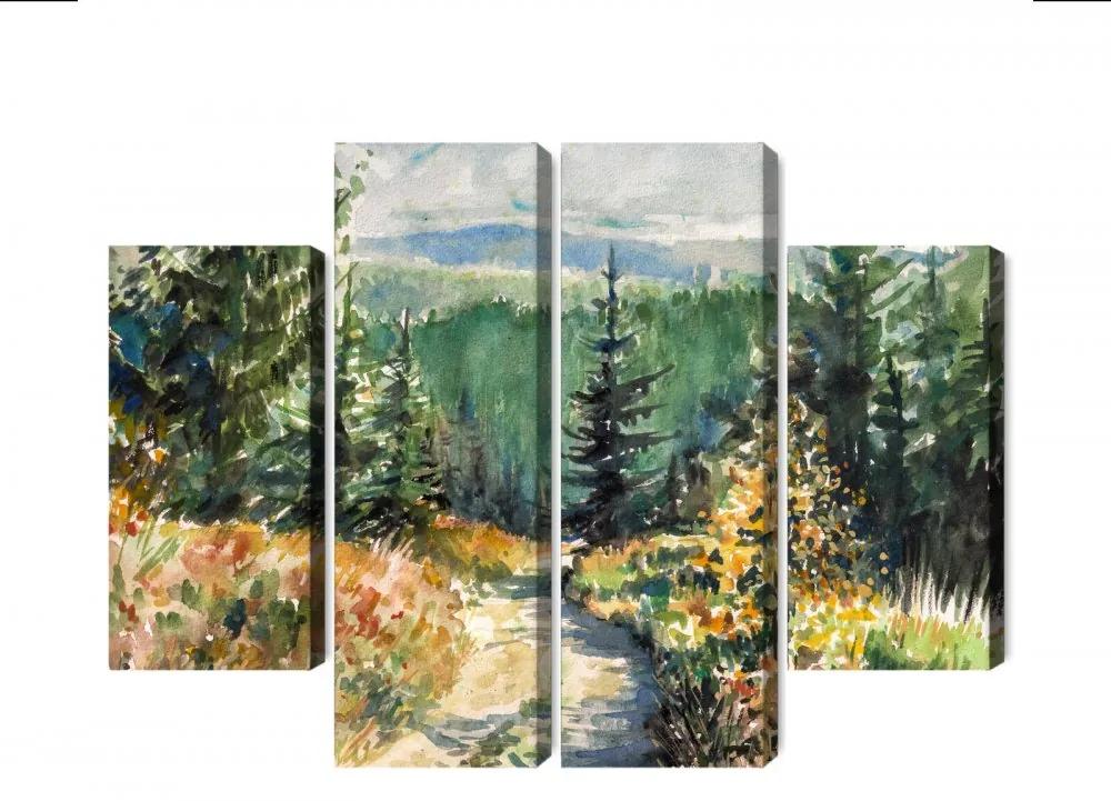 Vícedílný obraz Lesní Krajina Malovaná Vodovými Barvami Nedostatek Nedostatek Plátno Canvas 200x150