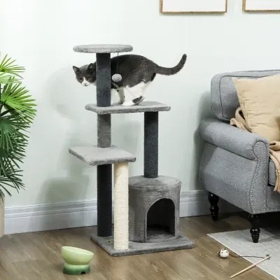 PawHut Škrabadlo 103 cm, kočičí strom s kočičí jeskyní, platformami, sisalovými škrabacími sloupky, plyšový míček pro kočky do 5 kg, šedá