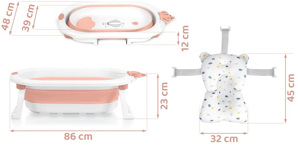 Skládací vanička pro děti a kojence s anatomickou vložkou Ricokids RK-286 v bílé a růžové barvě