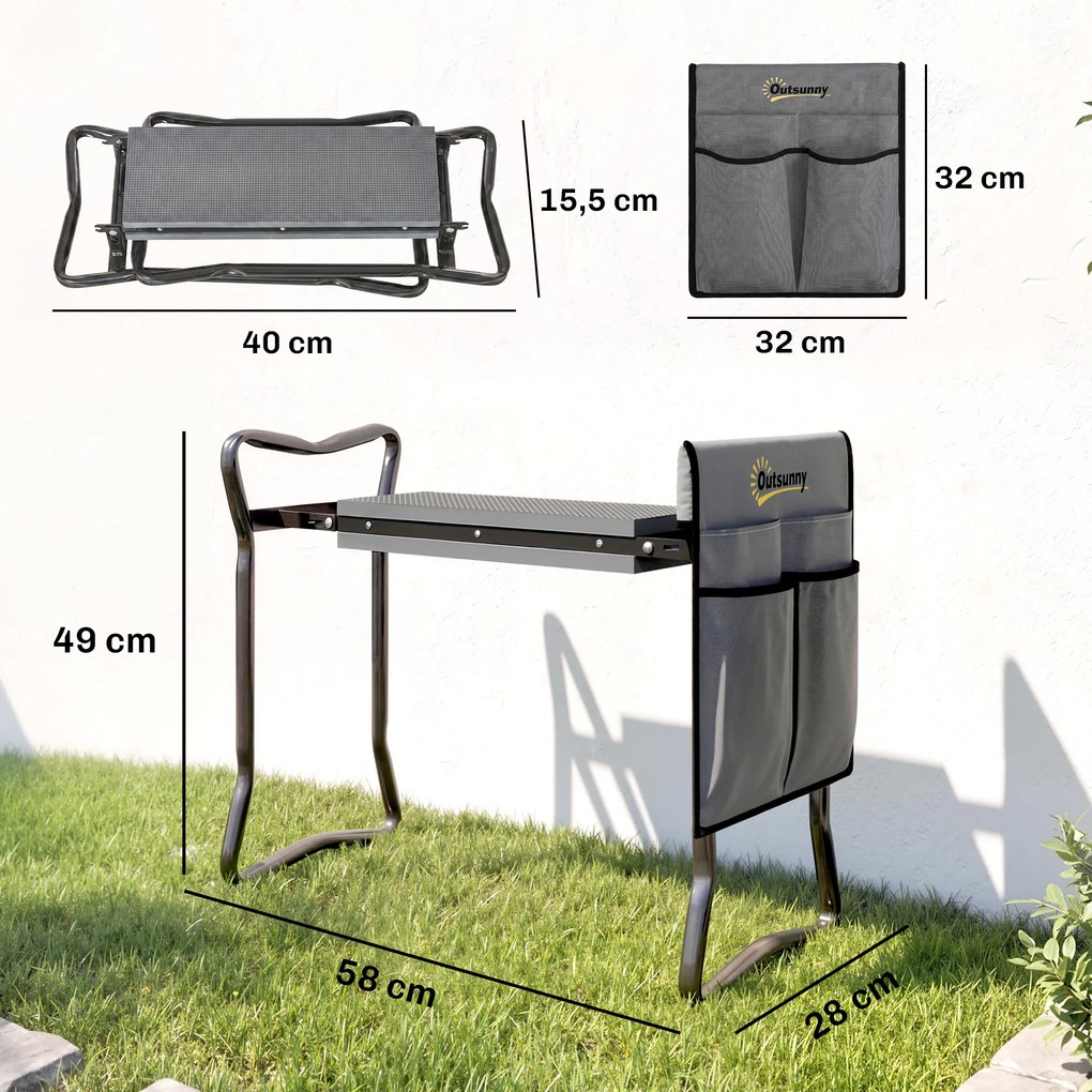 Outsunny Kladívková lavice na zahradní práce, skládací zahradní stolička s polštářem na kolena, kapsami na nářadí, do 150 kg, 58 x 28 x 49 cm, šedá