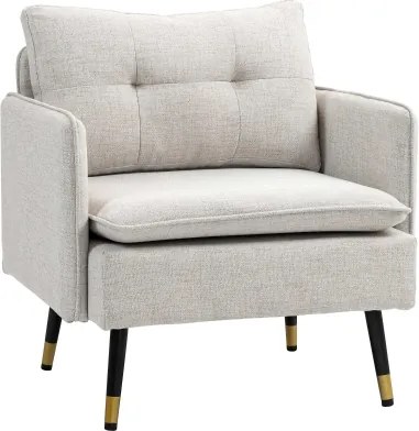 HOMCOM moderní lounge křeslo z lnu s opěrkami rukou, polstrovaný sedák a kovové nohy, 76x68x80 cm, krémová