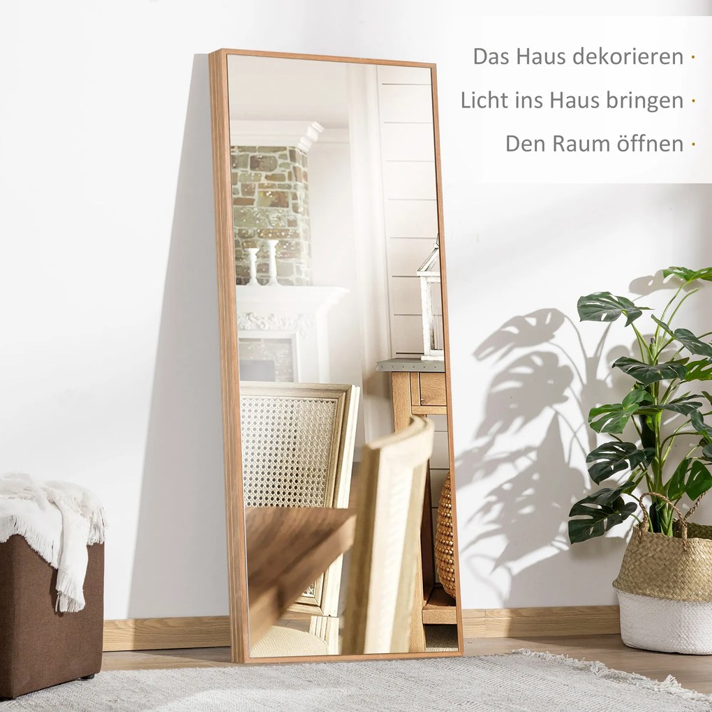 HOMCOM Celoplošné zrcadlo na zeď 125x45cm s dřevěným rámem v přírodní barvě do šatní skříně, předsíně nebo ložnice