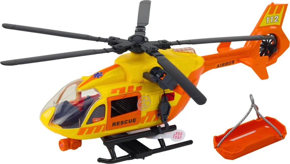 LEAN Toys Záchranný vrtulník s hákem a nosítky, světla a zvuky, oranžový 1:12