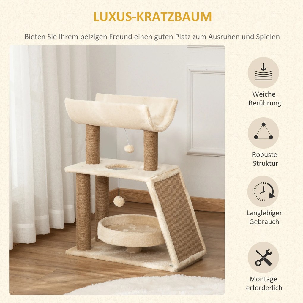 PawHut škrabadlo pro kočky malé 76 cm s míčkem a hrazdičkou, vnitřní šplhací věž s pelíškem a škrabací deskou, světle hnědá pro kočky do 5 kg | Aosom…