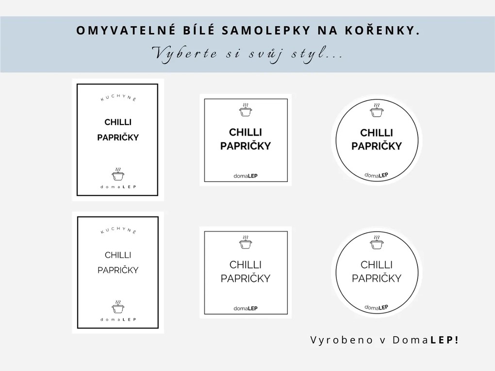CHILLI PAPRIČKY - omyvatelná samolepka na kořenky, výběr rozměrů Ø 5 cm / 5 x 5 cm / 6 x 8 cm | DomaLEP tvar: ČTVEREC, barva: BÍLÁ - ČERNÉ písmo, velikost: š. 5 cm x v. 5 cm - základní písmo