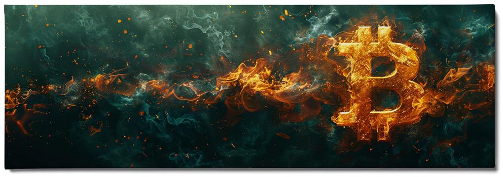 Obraz na plátně - Bitcoin in Fire Emerald FeelHappy.cz Velikost obrazu: 210 x 70 cm