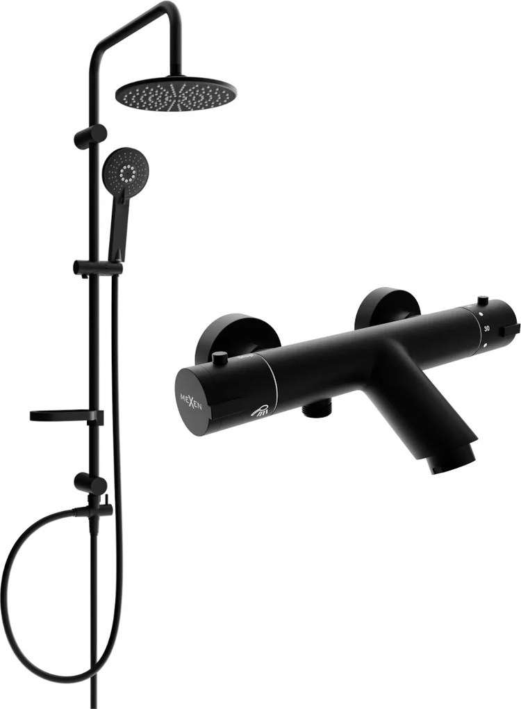 Mexen Carl vanovo-sprchový set s dešťovou sprchou a vanovou termostatickou baterií Kai, černá, 77300240-70
