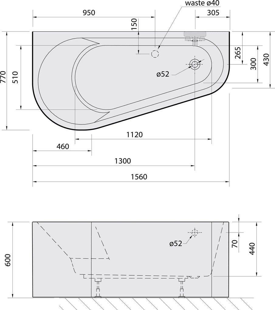 Polysan PROJEKTA DL MONOLITH nástěnná stojící vana 156 x 77 x 60 cm bílá/černá 20111MDLB