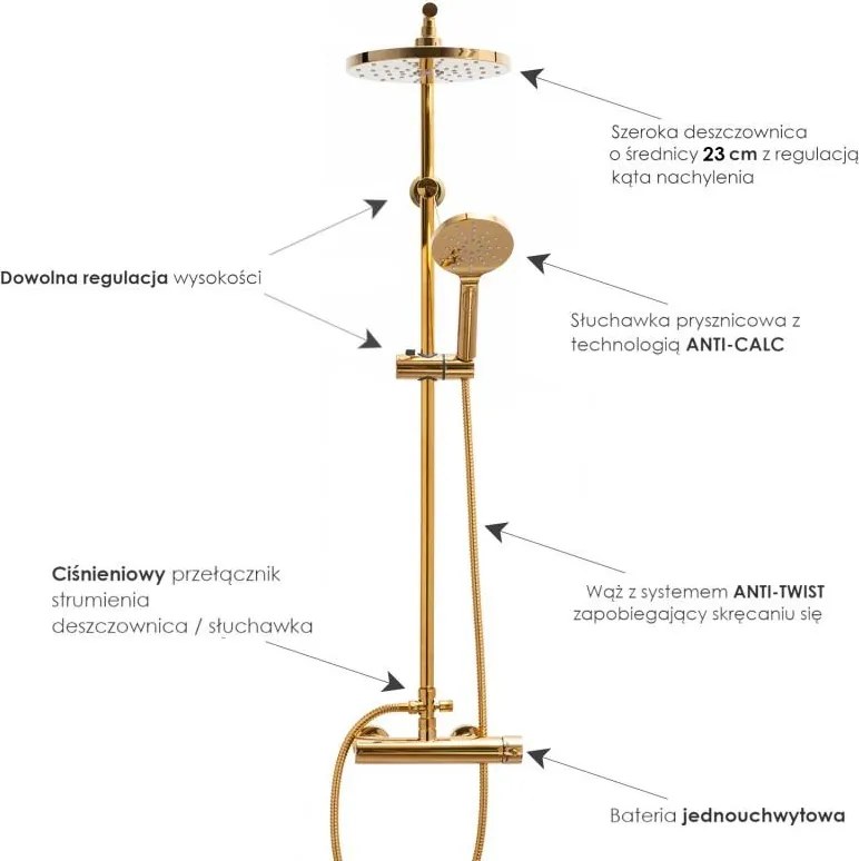 Erga Dubaj, sprchová souprava s pákovou baterií a dešťovou hlavicí 23 cm, zlatá lesklá, ERG-YKA-BP.DUBAJ23-GLD
