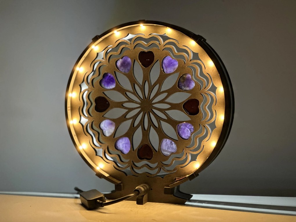 Li-Go "Srdce, ametystová/karneolová mandala" Stolní lampa 20x22 cm černá s patinou