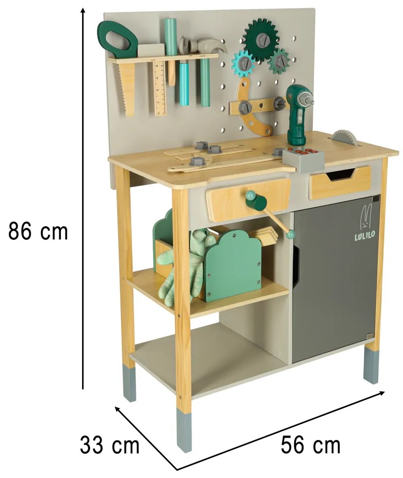 Creative Corner LULILO Fikso dřevěná dílna malá sada pro kutily s nářadím pila šroubovák zvuky 86cm