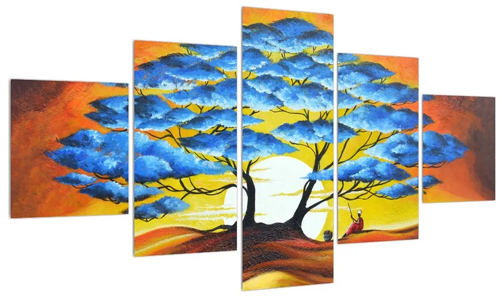 Orientální obraz modrého stromu a slunce (125x70 cm)