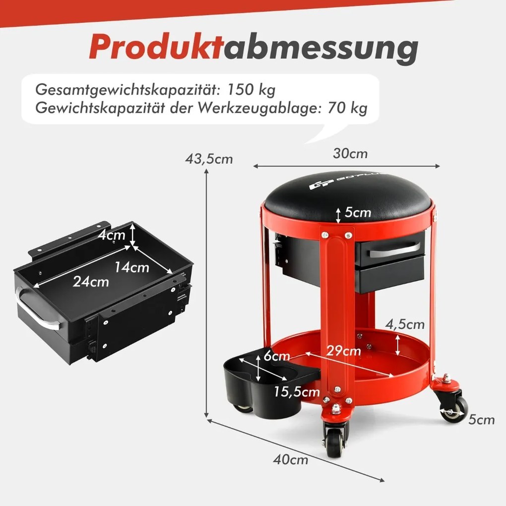 Costway Dílenské sedátko, nosnost 150 kg, dílenské sedadlo se 2 zásuvkami