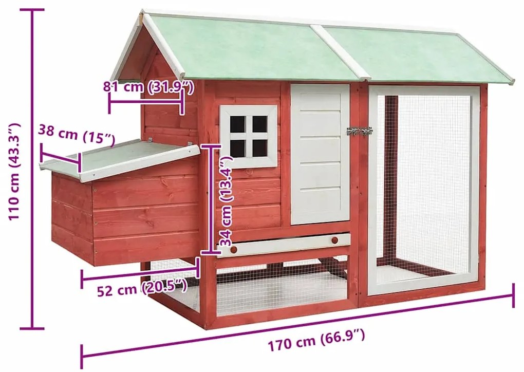 vidaXL Marketos Klec pro kuřata červená 170x81x110 cm masivní borovice a jedle