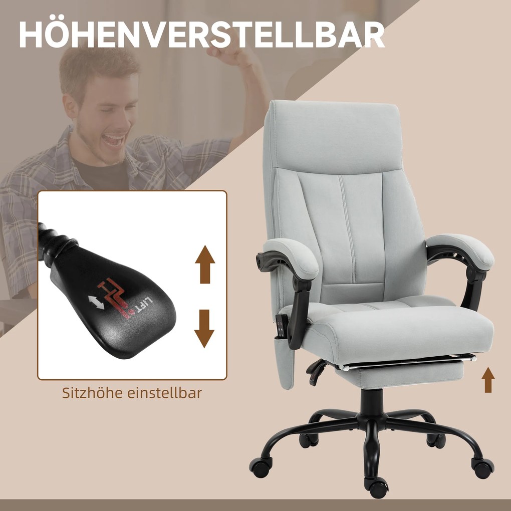 Masážní kancelářská židle Vinsetto s funkcí polohování ergonomická kancelářská židle výškově nastavitelná manažerská židle s podnožkou světle šedá pr…