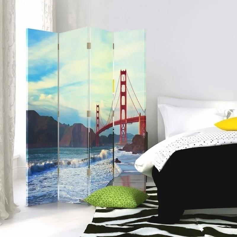Ozdobný paraván New York Golden Gate - 145x170 cm, čtyřdílný, obustranný paraván 360°