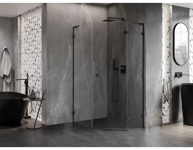Mexen Lunar, L pravý výklopný pětiúhelníkový sprchový kout 80 x 90 cm, 8mm čiré sklo, černý profil, 831L-080P-090L-70-00-P