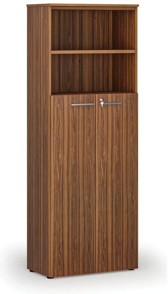 Kombinovaná kancelářská skříň PRIMO WOOD, dveře na 4 patra, 800 x 420 x 2128 mm, ořech
