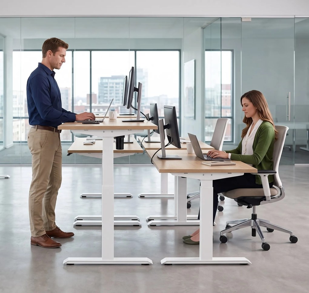 Výškově nastavitelný stůl OfficeTech A, 120 x 80 cm, bílá podnož, buk