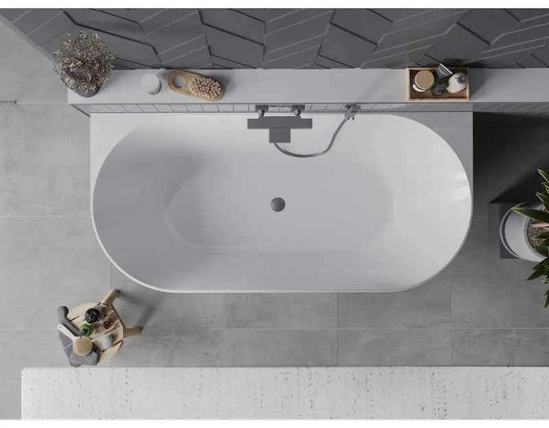 Mexen Oval Slim, volně stojící vana ke stěně 170 x 80 cm, bílá lesklá, grafitový přepad, 52661708000-95