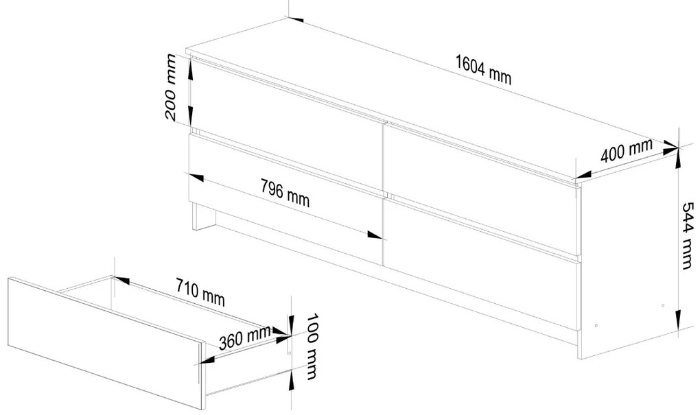 KOMODA Kuba 160 cm - 4 šuplíky - bílá