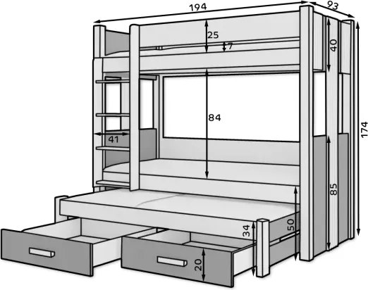 Třílůžková patrová postel s matracemi ARTEMA 180x80 – sonoma