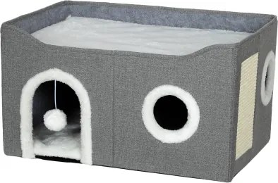 PawHut skládací dům pro kočky s škrabadlem, 3 otvory, zavěšená kulička, oboustranný polštář z plyše a lněného vzhledu, 60x40x34 cm, šedá