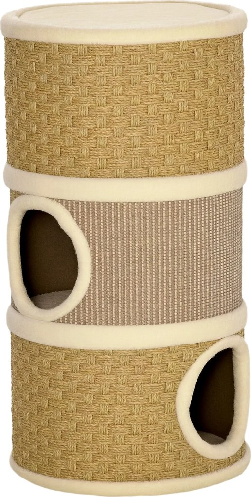 PawHut Škrabací sud 70 cm vysoký Ø 37,5 cm Třípatrový škrabací sud s sisalovým lanem, kočičí jeskyně, škrabací sloup pro malé kočky, Khaki+Kávově hněd
