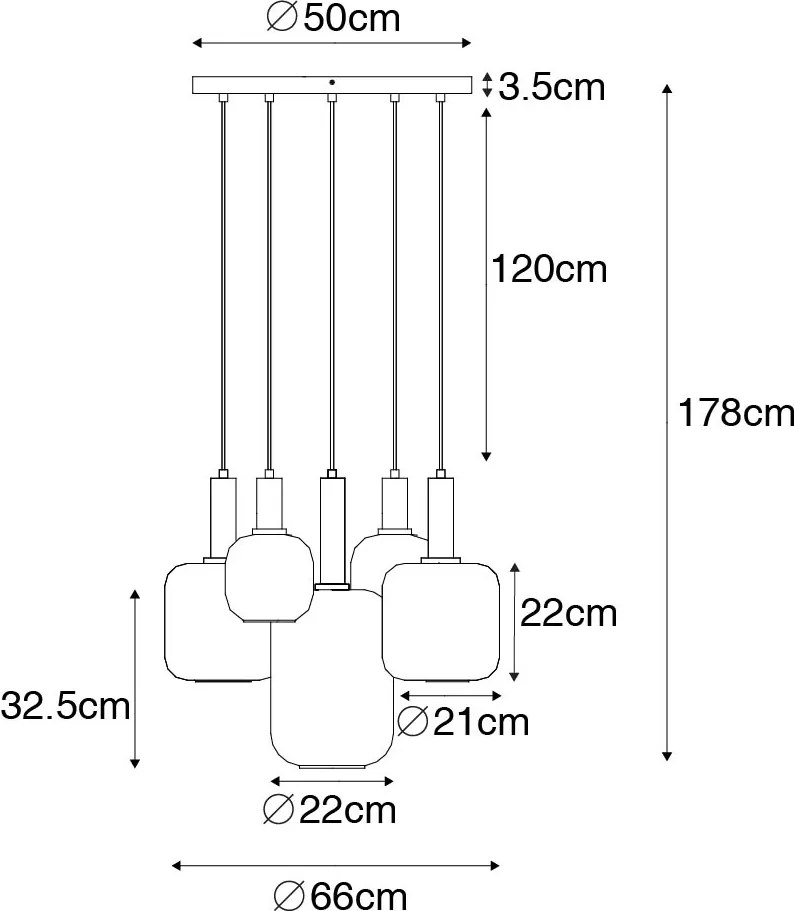 Závěsné svítidlo černé se zlatem s kouřovým sklem vč. 5 PUCC - Zuzanna