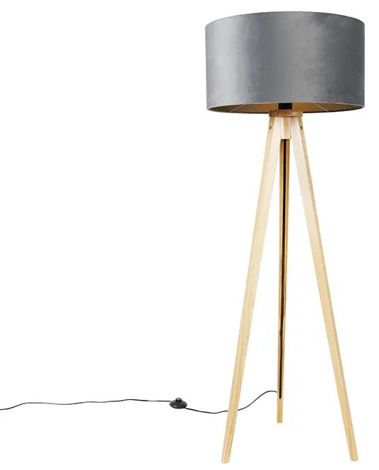 Stojací lampa dřevěná s látkovým odstínem šedá 50 cm - Tripod Classi