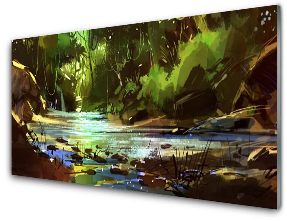 akrylový obraz Les Jezero Kameny Příroda 140x70 cm