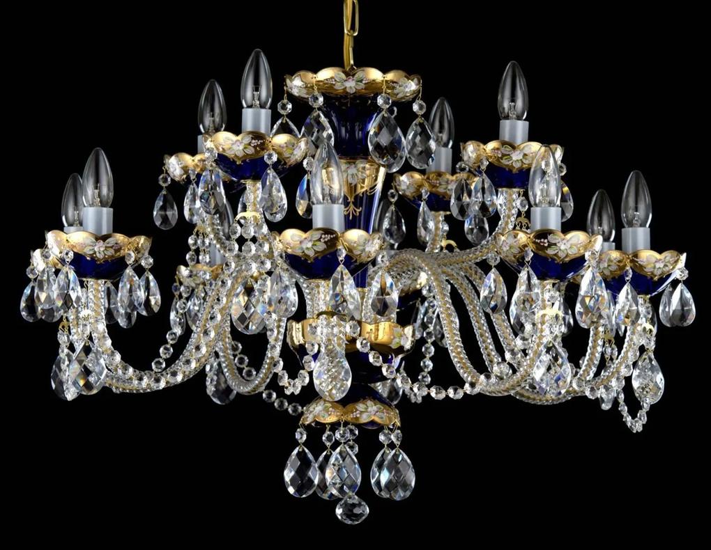 12 Arms Blue enameled crystal chandelier with glass flowers &amp; almonds