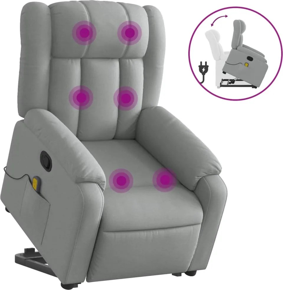 Zvedací masážní polohovací křeslo světle šedé textil 3205328