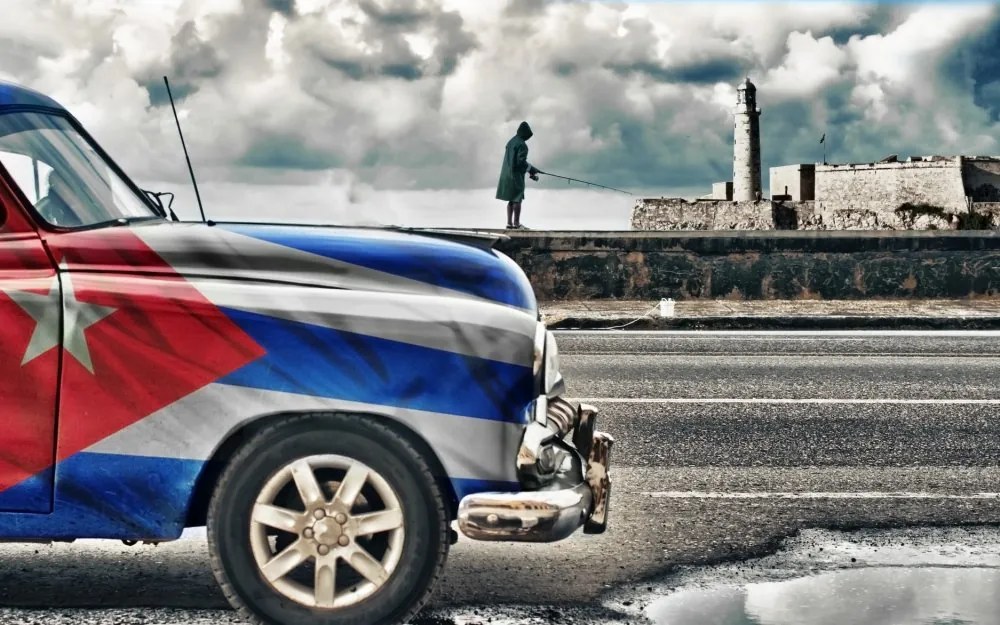 Vícedílný obraz Auto S Kubánskou Vlajkou V Ulicích Havany Nedostatek Nedostatek Plátno Canvas 240x150
