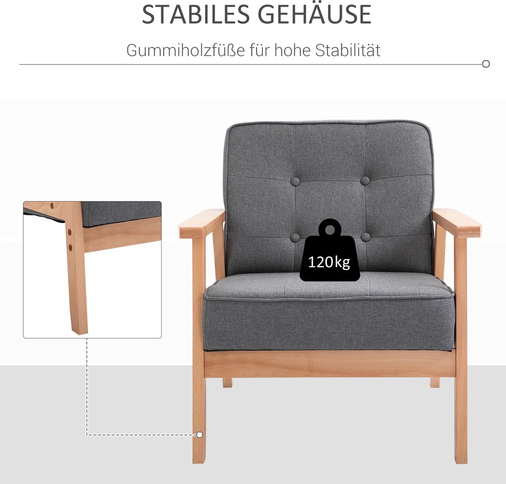 HOMCOM Samostatné Křeslo Lounge s Čalouněním a Dřevěným Rámem, Lněné Šedé 64,5 x 70 x 74 cm