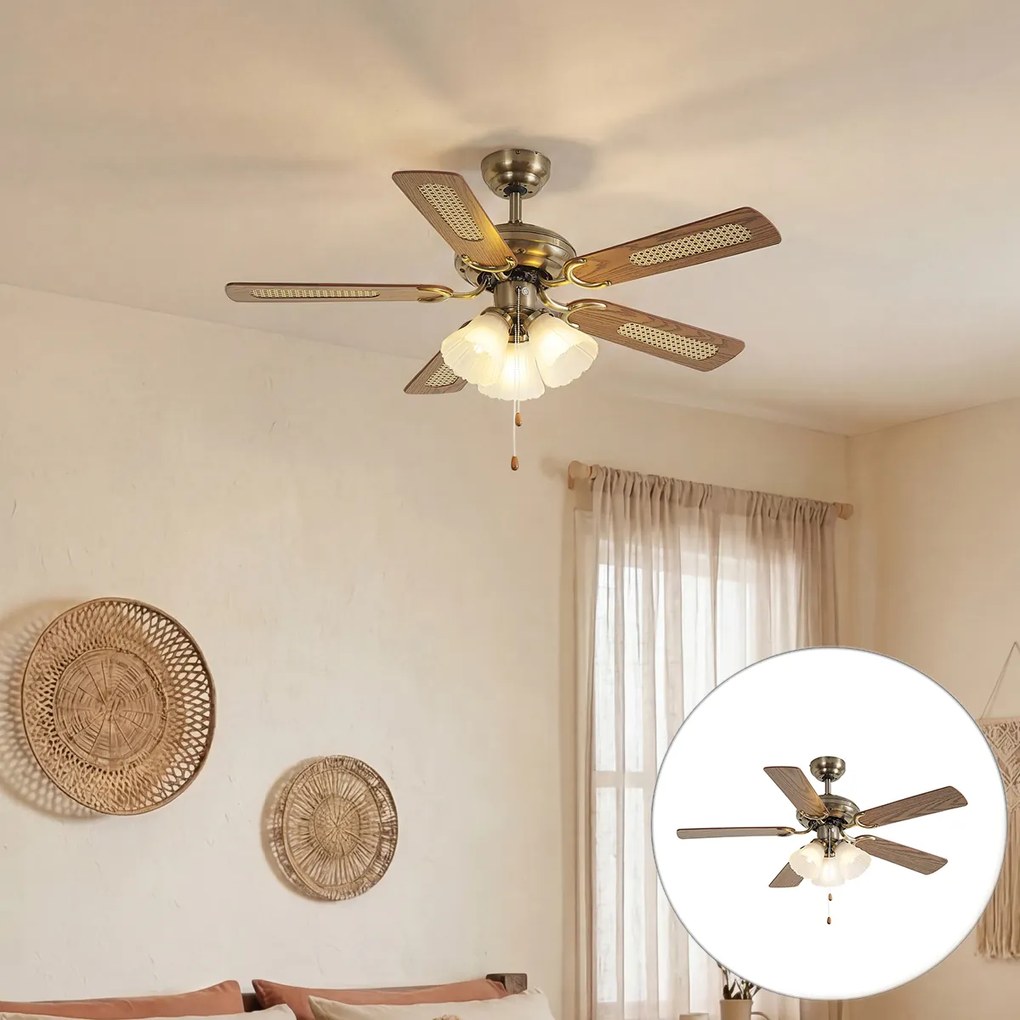 Mosazný stropní ventilátor s dřevěným potiskem a ratanem 105 cm s tahovým spínačem - Mistral Lia