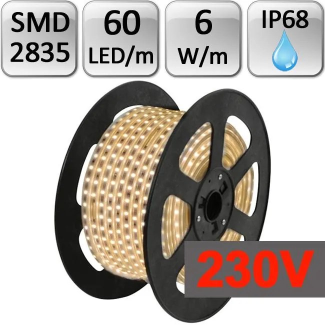 LED21 LED pásek 230V 60ks 2835 6W/m silikon 1m TEPLÁ BÍLÁ