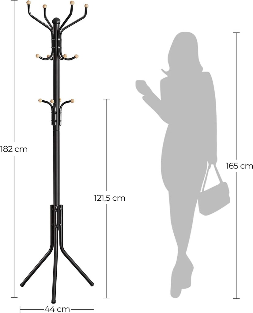 Stojan na kabáty se 12 háčky, stabilní kovový věšák, 182 cm vysoký, černý