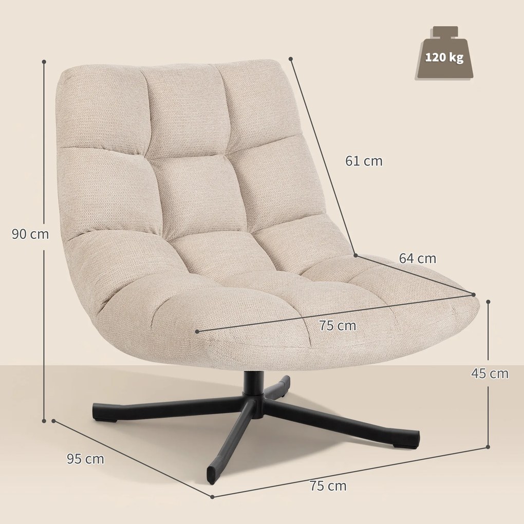HOMCOM křeslo do obývacího pokoje bez opěrek, otočné o 360°, voděodpudivá tkanina chenille, široký sedák, 75 x 95 x 90 cm, krémová