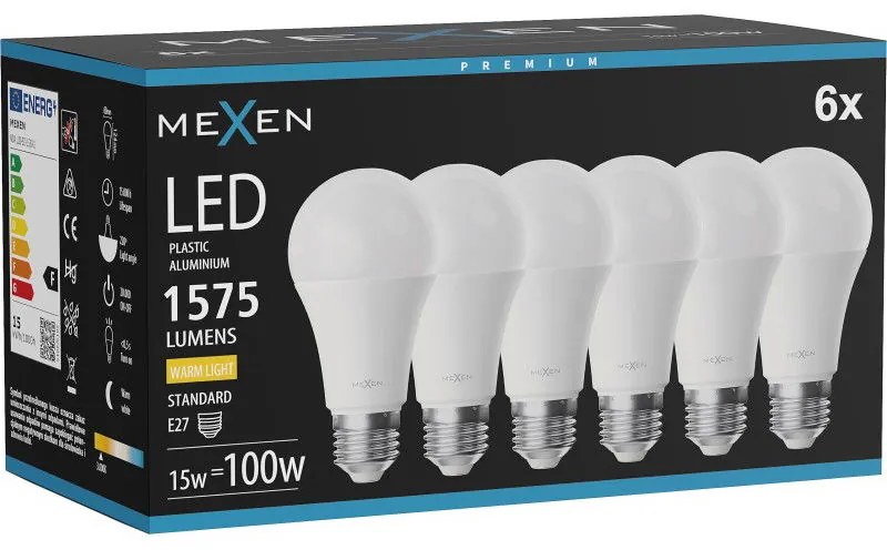 Mexen Nova 6x Žárovka LED E27, A60, 15W, Teplá - 3000K, 1575 lm - L100-E27-1530-01x06