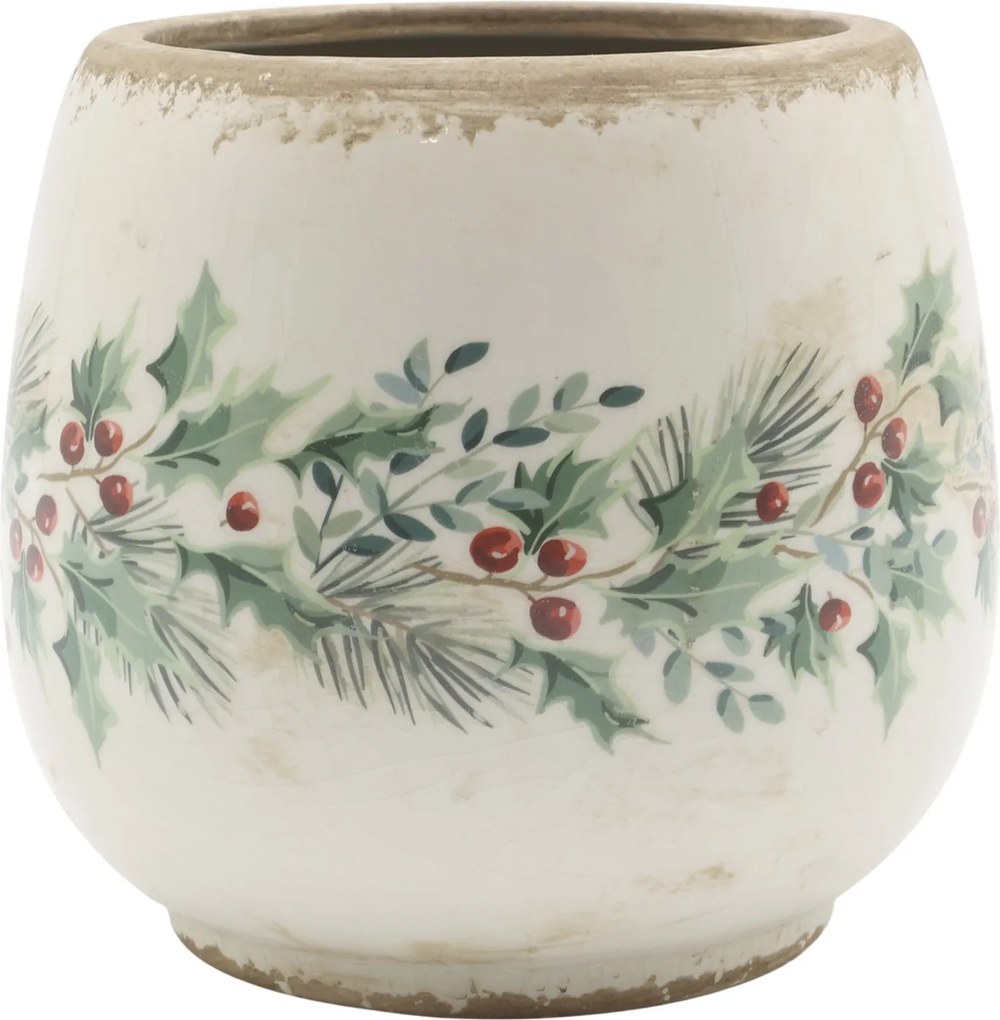 Béžový keramický květináč s cesmínou Holly Christmas Antique – Ø 17,5*16,5 cm