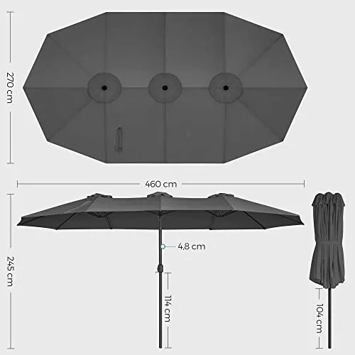 Dvojitý slunečník 460 × 270 cm, extra velký zahradní slunečník, UPF 50+, šedý