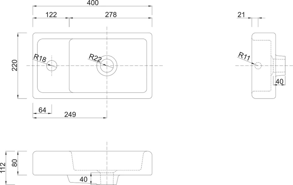 Aqualine, Keramické umyvadlo 40x22x8cm, DD4022