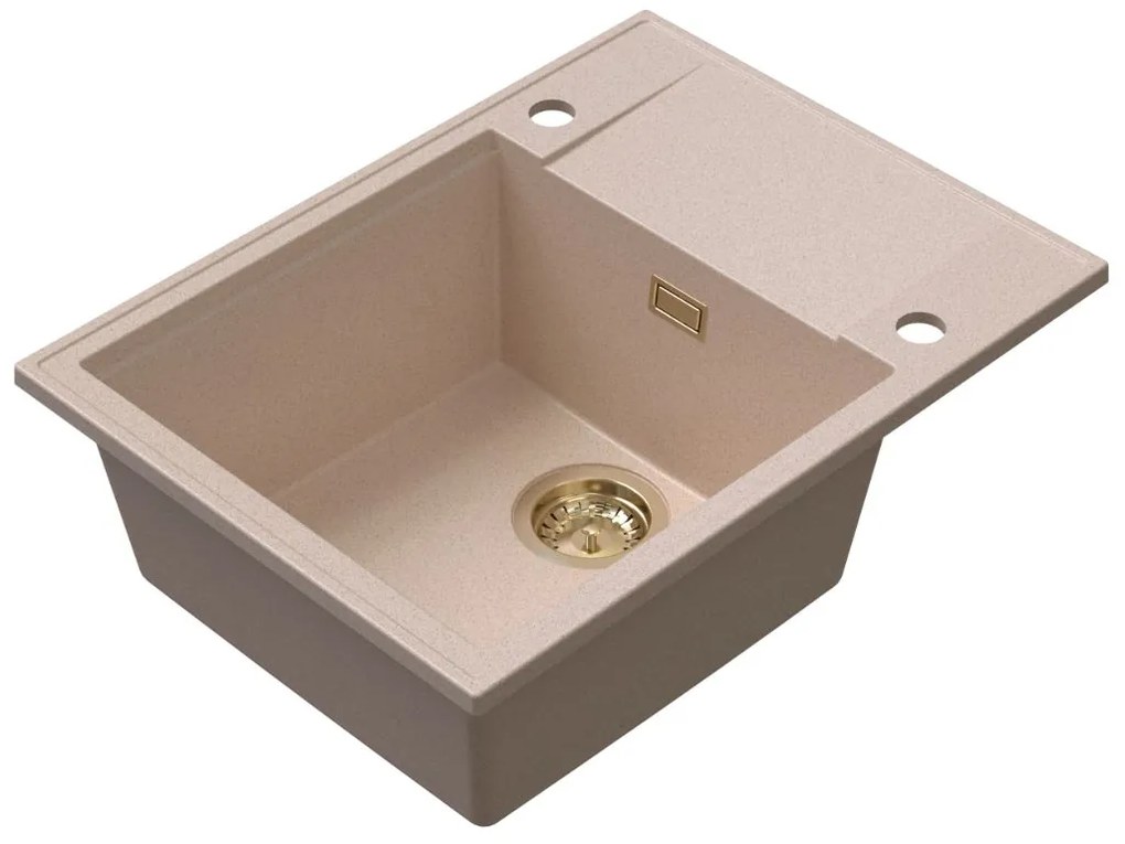 Sink Quality Sink55, kuchyňský granitový dřez 620x460x215 mm + zlatý sifon, béžová, SKQ-SINK.P.1KKO.XG