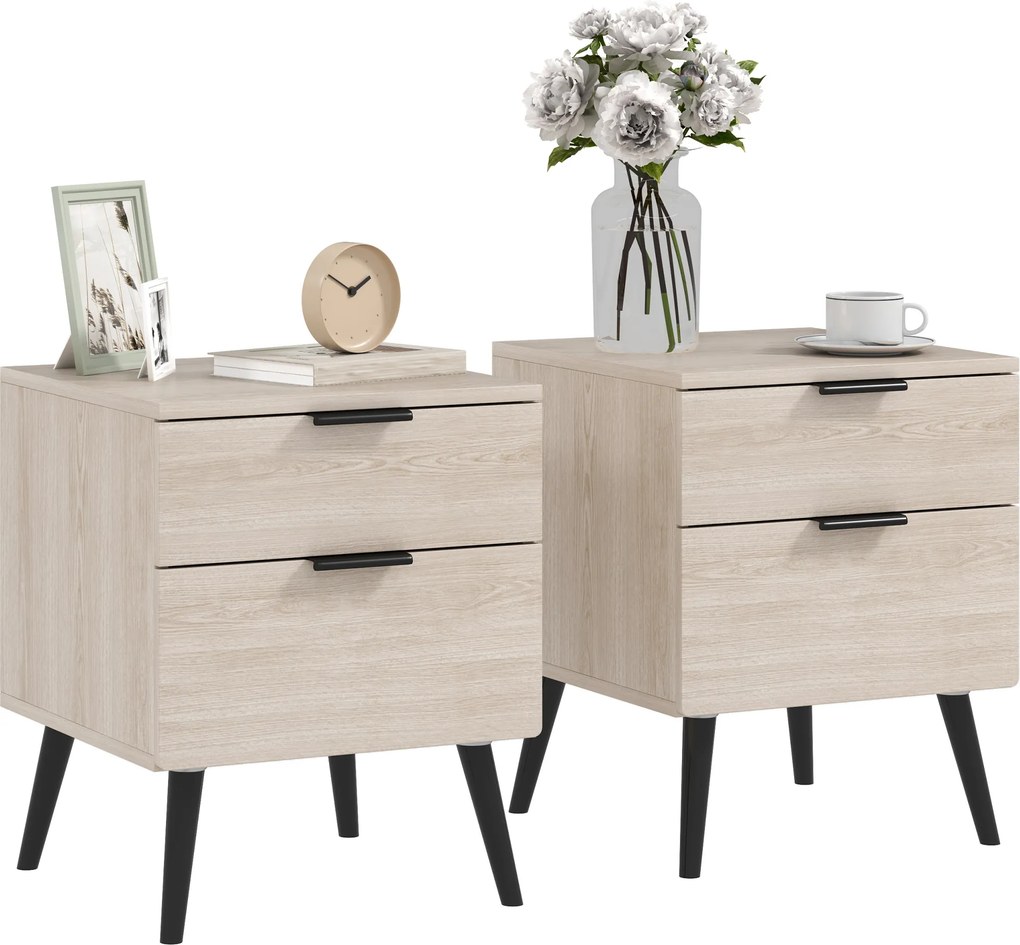 HOMCOM Sada 2 Nočních Stolků, Moderní Nordic Styl, Noční Stolek s Dvoubarevným Šuplíkem, Masivní Dřevěné Nohy, do Ložnice, Obývacího Pokoje, Dubový E…