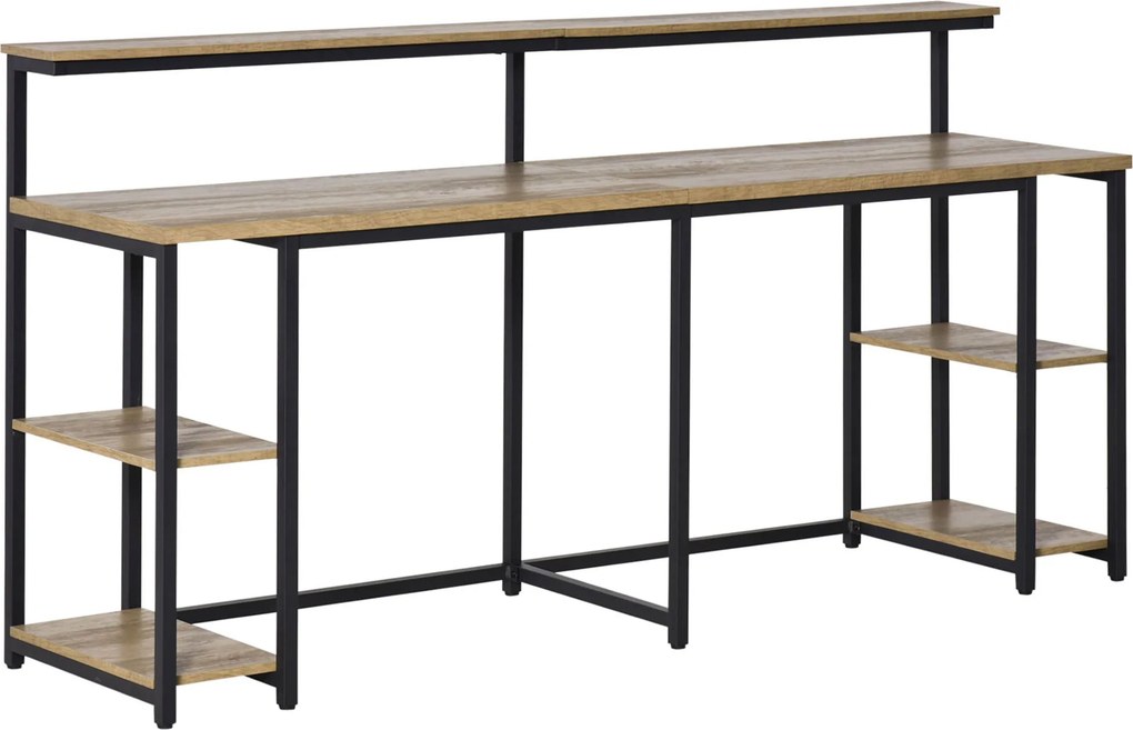 HOMCOM Dvojitý Stůl se Složkami a Policí na Monitor v Průmyslovém Stylu, Stůl s Úspornou Knihovnou pro Kancelář a Studium, 200x53x100cm, Hnědý | Aosom