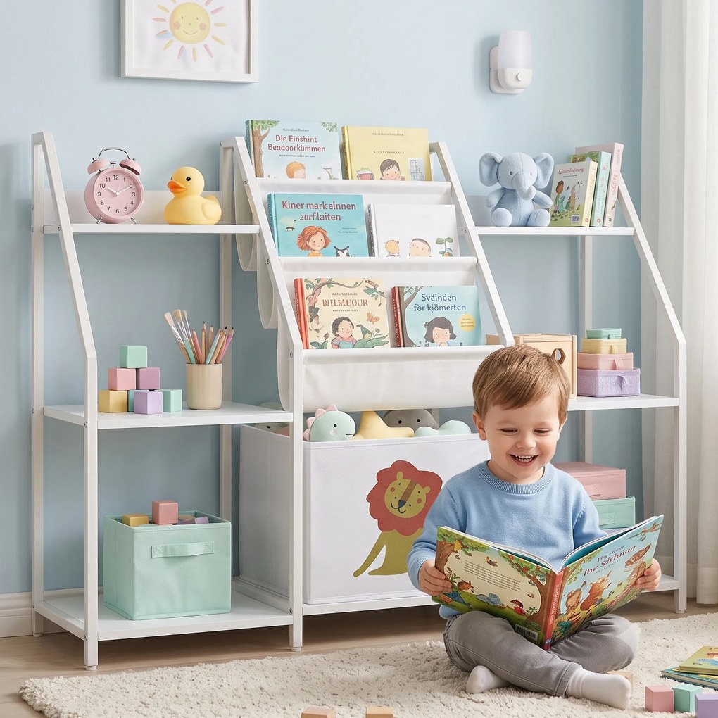 AIYAPLAY Montessori knihovna pro děti 3-8 let se 3 látkovými přihrádkami, dřevěnými vložkami a zásuvkou, bílá