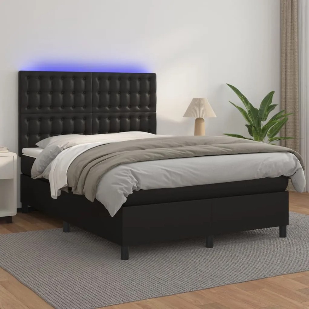 Box spring postel s matrací a LED černá 140x200 cm umělá kůže 3135945