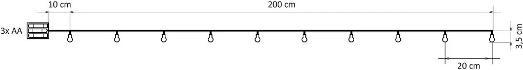 LED světýlka na baterie, kouličky, 2,1 m, teple bílá, 10 diod, čirý kabel, IP20 interiér, 3 × AA