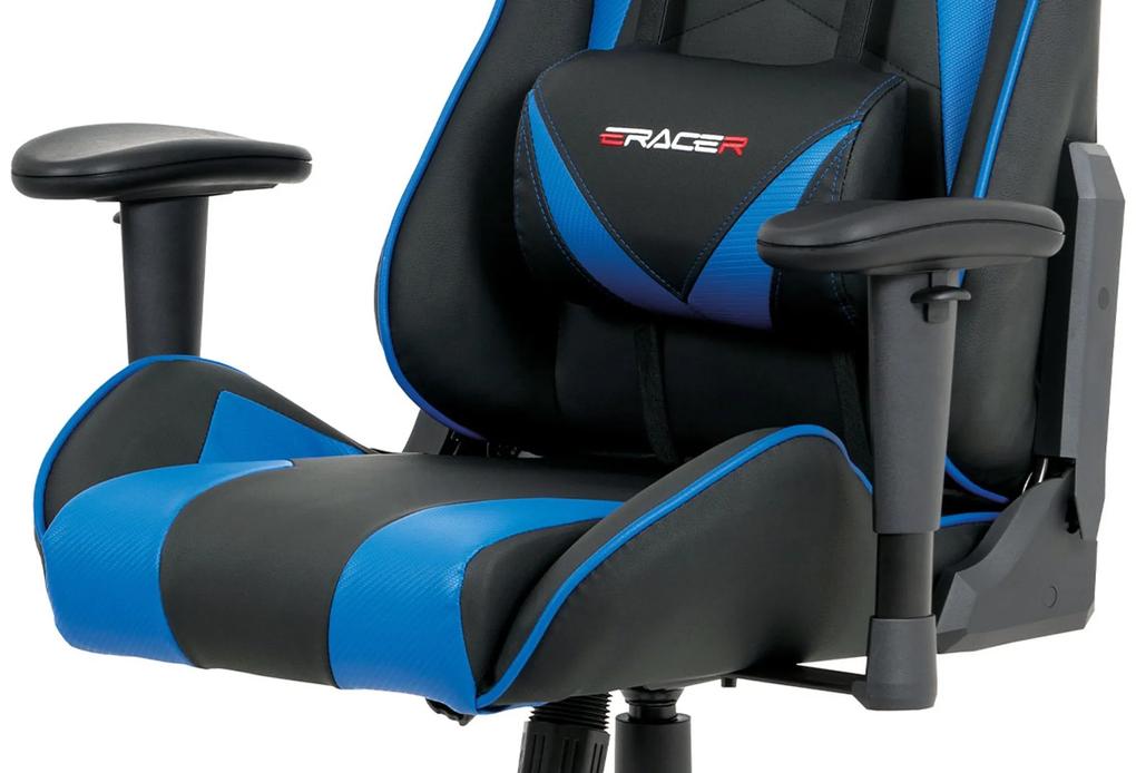 Kancelářská židle KA-F03 RACER BLUE, modrá+černá ekokůže, houpací mech., plastový kříž